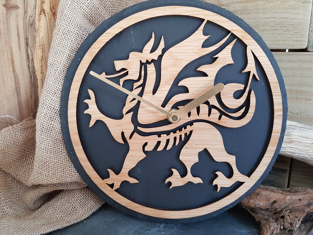 Welsh Dragon Slate & Oak Clock – Dawns Welsh Gifts